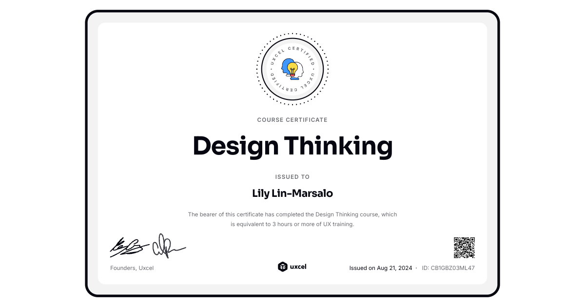 Certificate of completion for Design Thinking | Uxcel